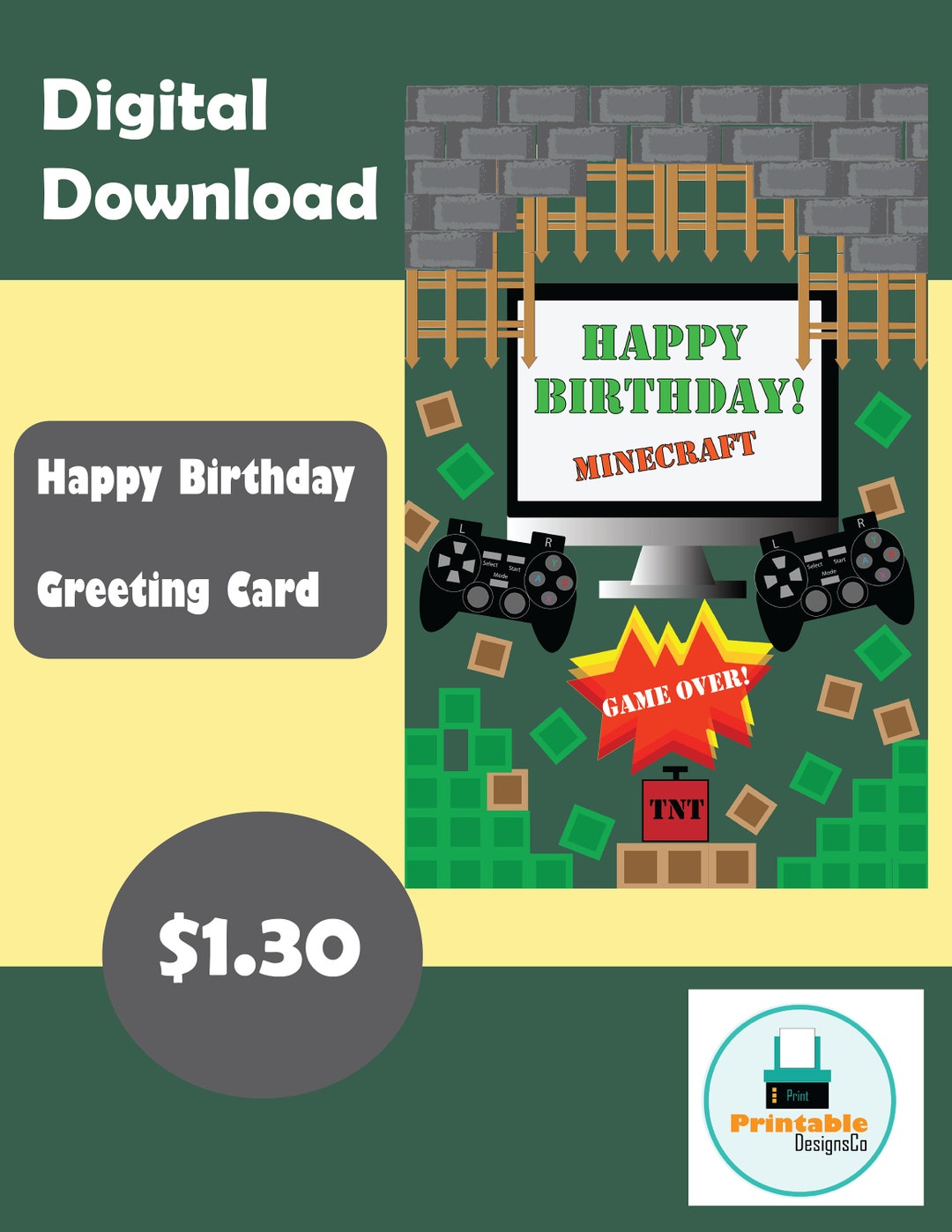 Minecraft Greeting Card Happy Birthday PDF and PNG Digital - Etsy
