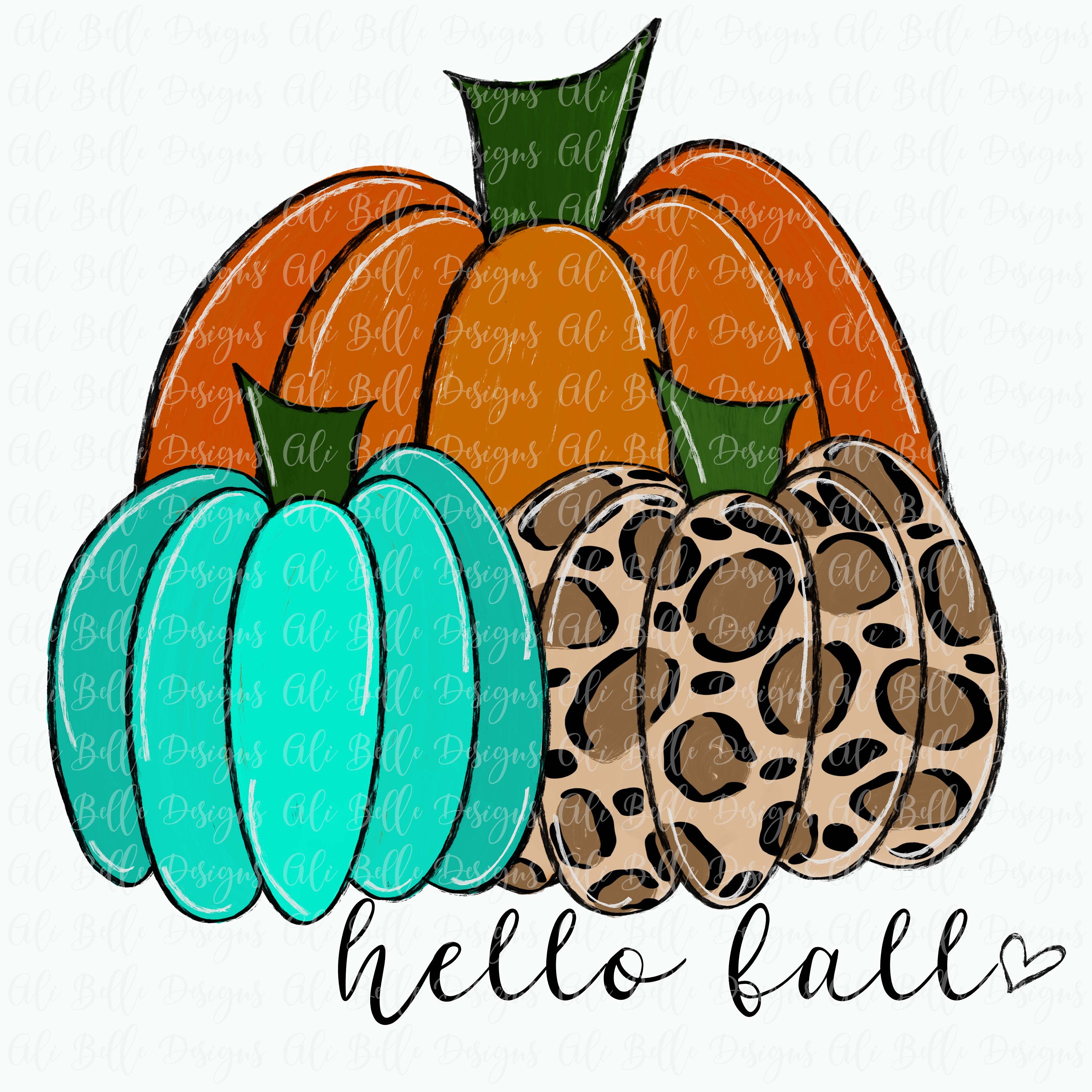 Hello Fall Sublimation Design Download Leopard Pumpkin Teal | Etsy