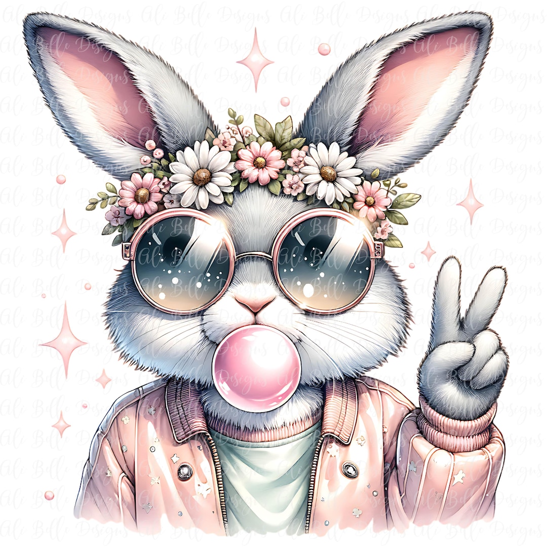Retro Easter Bunny Blowing Bubble PNG| Vintage Happy Easter PNG| Easter ...