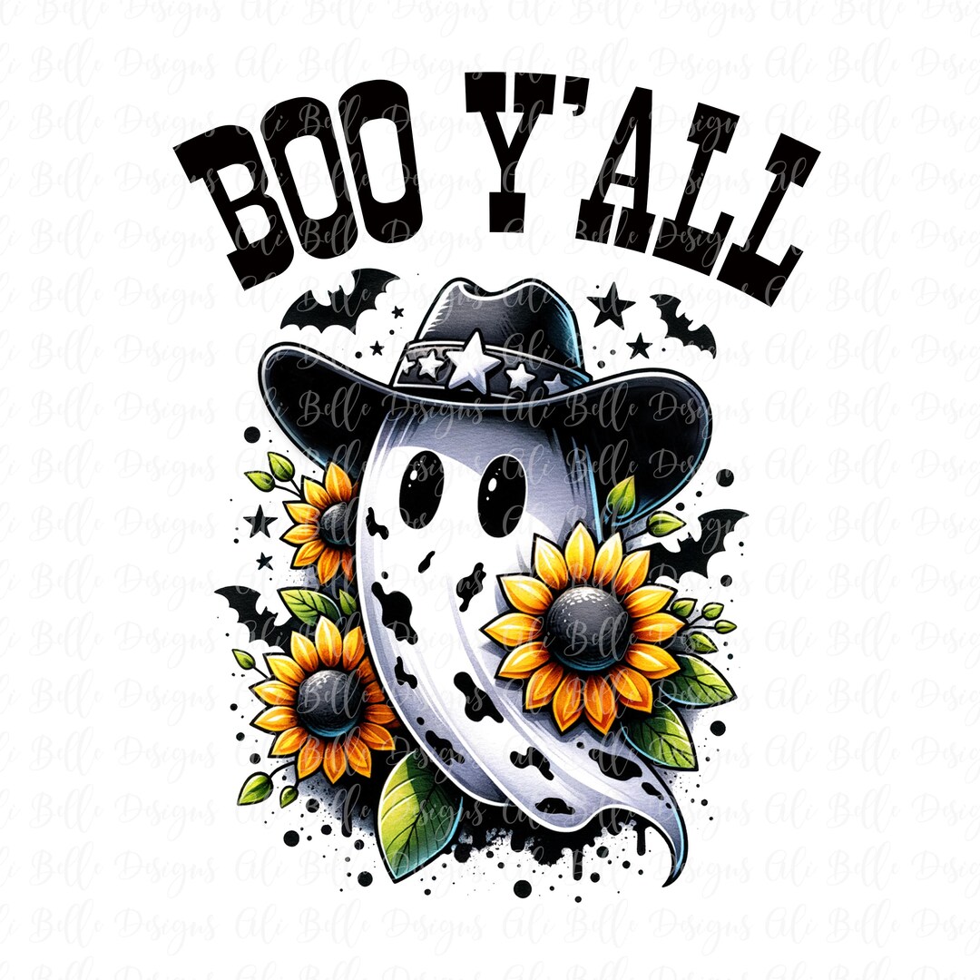 Cowboy Ghost Boo Y'all Cow Print Cowboy Hat Sunflowers Fall Bats ...