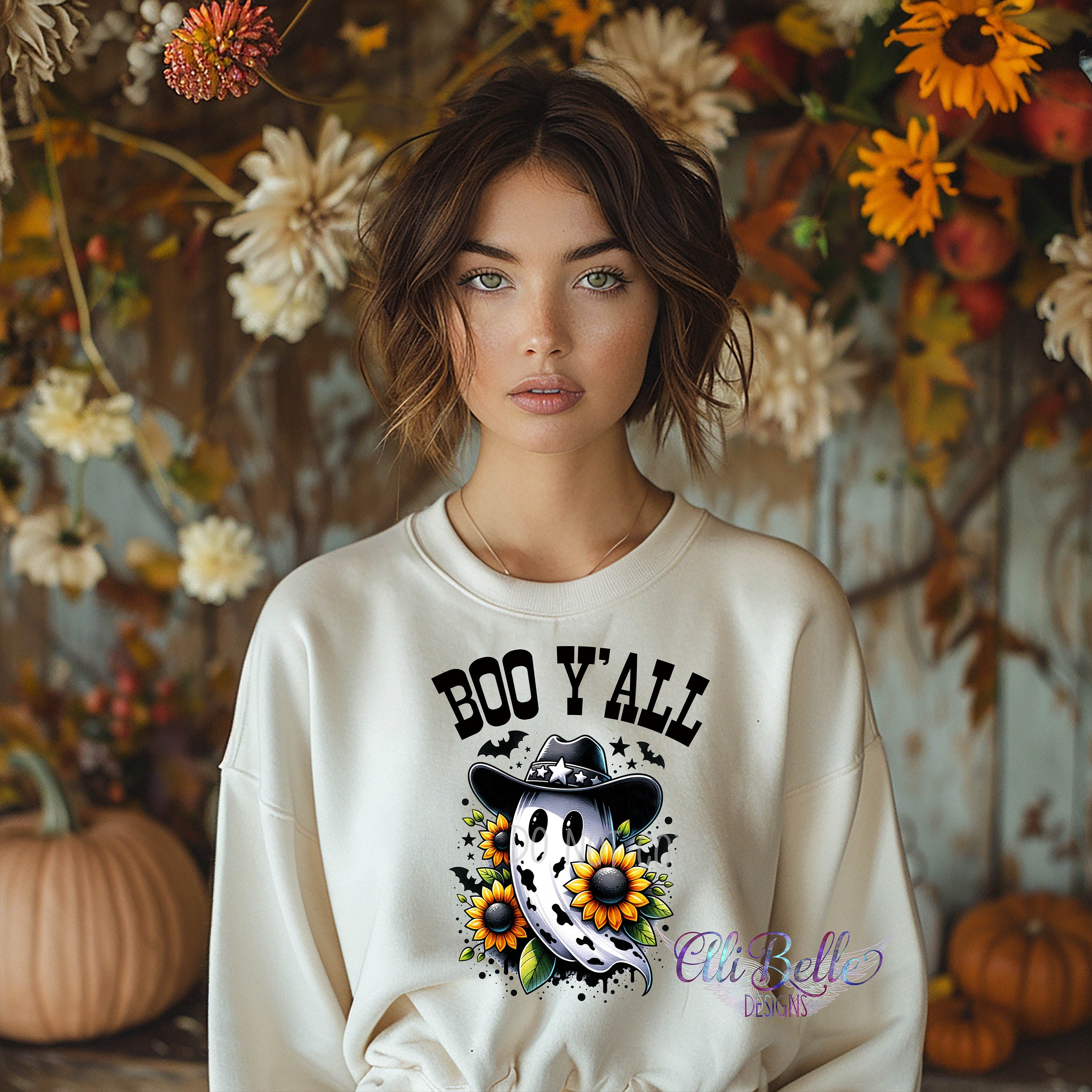 Cowboy Ghost Boo Y'all Cow Print Cowboy Hat Sunflowers Fall Bats ...