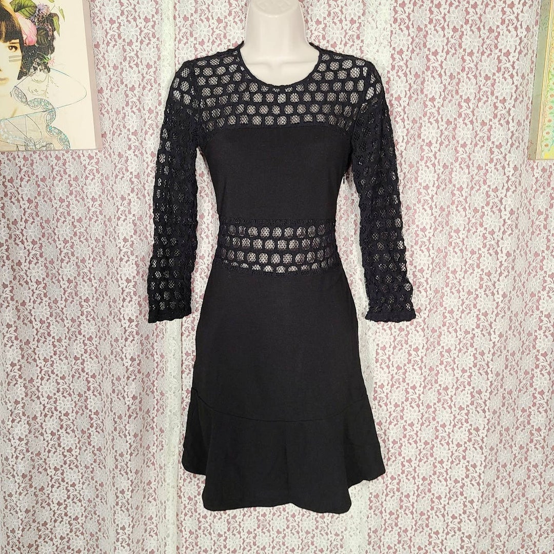 Sandro Black Fishnet Mesh Sheer Midriff Fit and Flair Dress Size 1 XS ...