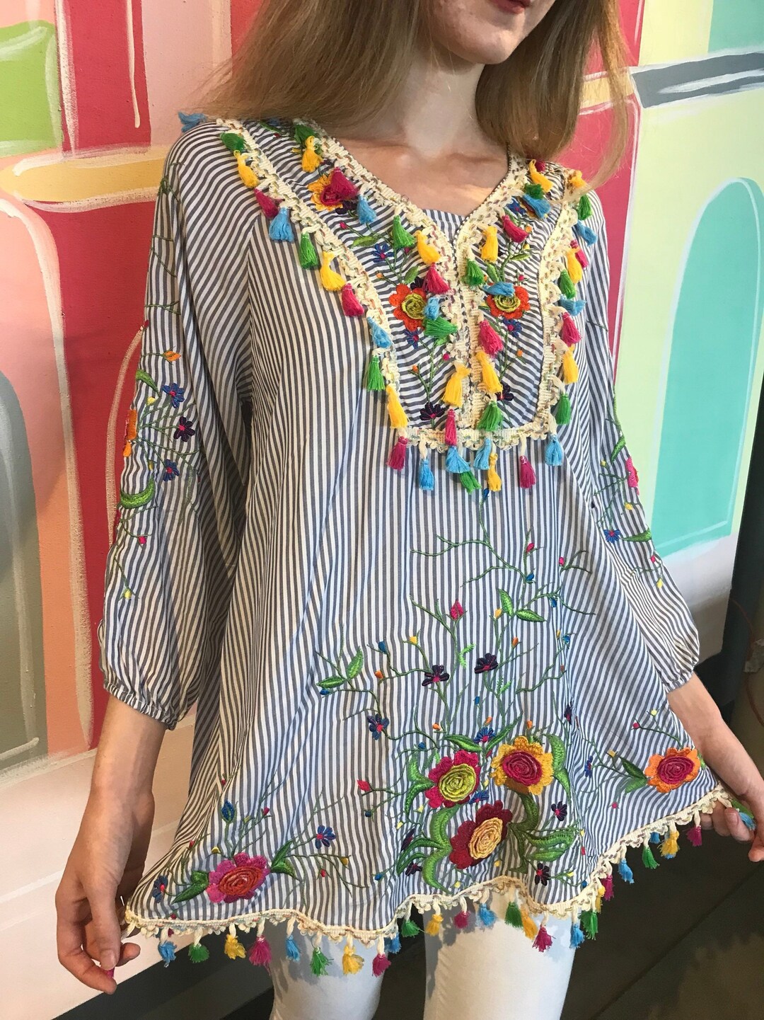 Mexican Style Embroidery, Plus Size, Fiesta Blouse, Pinstripe , Pom ...