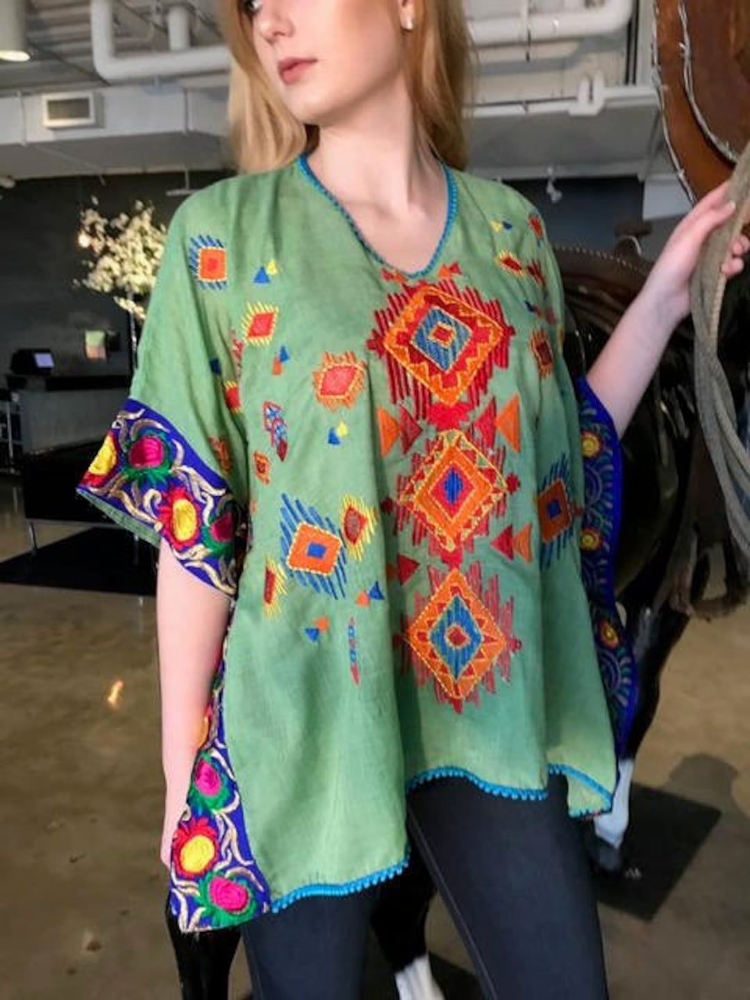 Fiesta Poncho,green Mexican Style Embroidered Poncho With Southwest ...