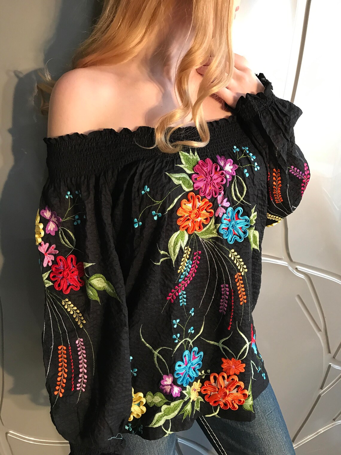 Mexican Embroidered Smock Top, Black Oaxacan Blouse, Plus Size - Etsy