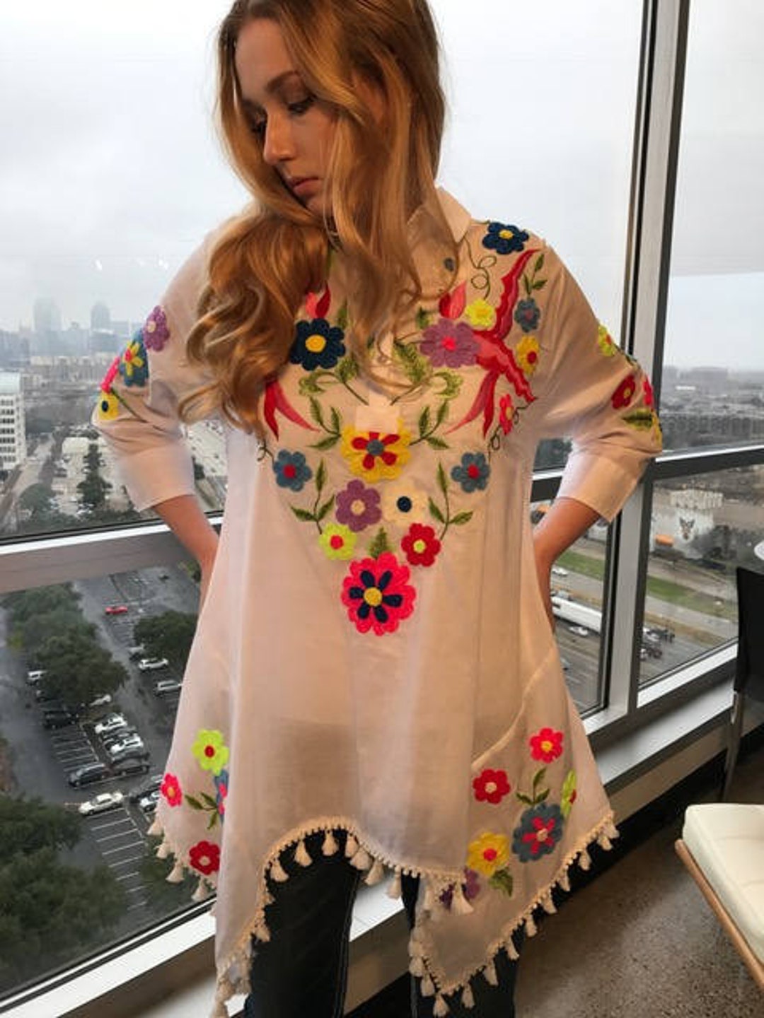 Fiesta Blouse, Cruise, Resort, White Floral Hand Embroidered Blouse ...