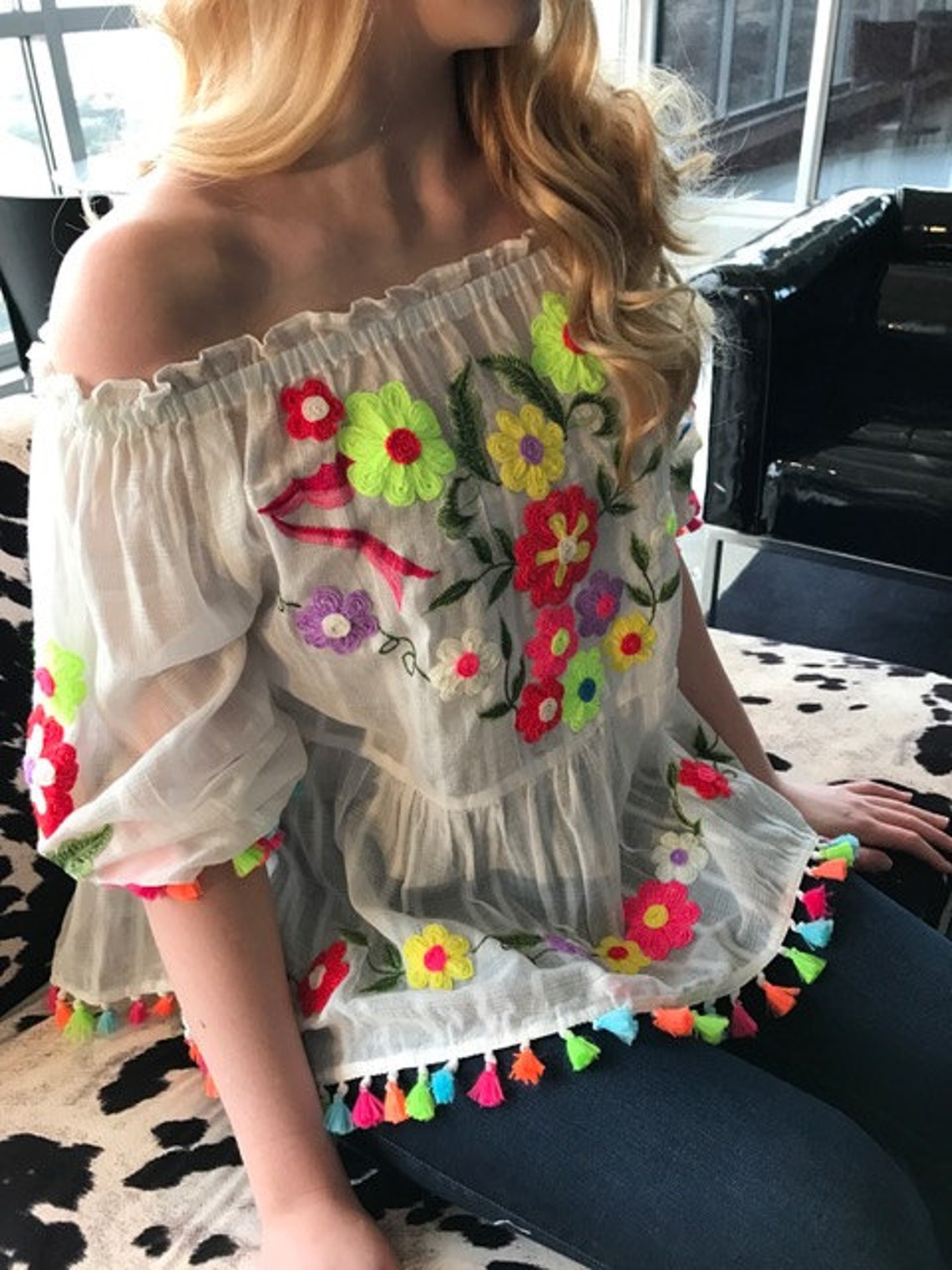 White off the Shoulder Mexican Style Embroidery Smock With | Etsy