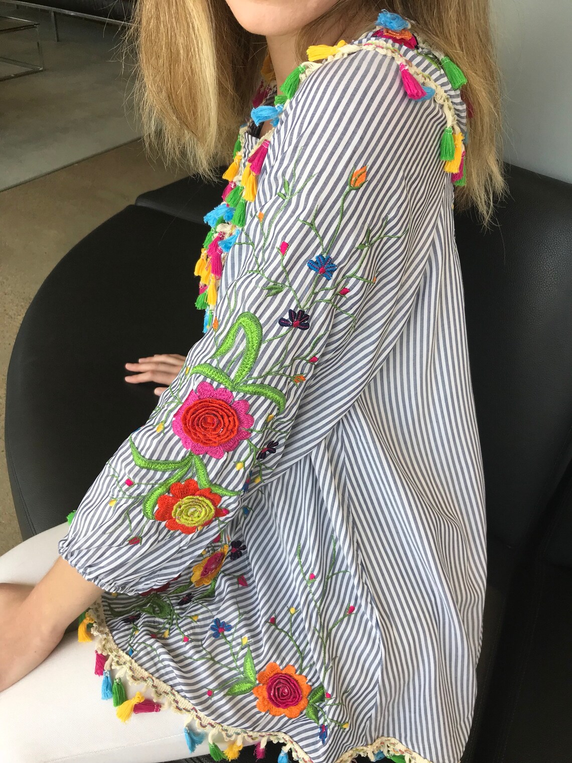Mexican Style Embroidery, Plus Size, Fiesta Blouse, Pinstripe , Pom ...