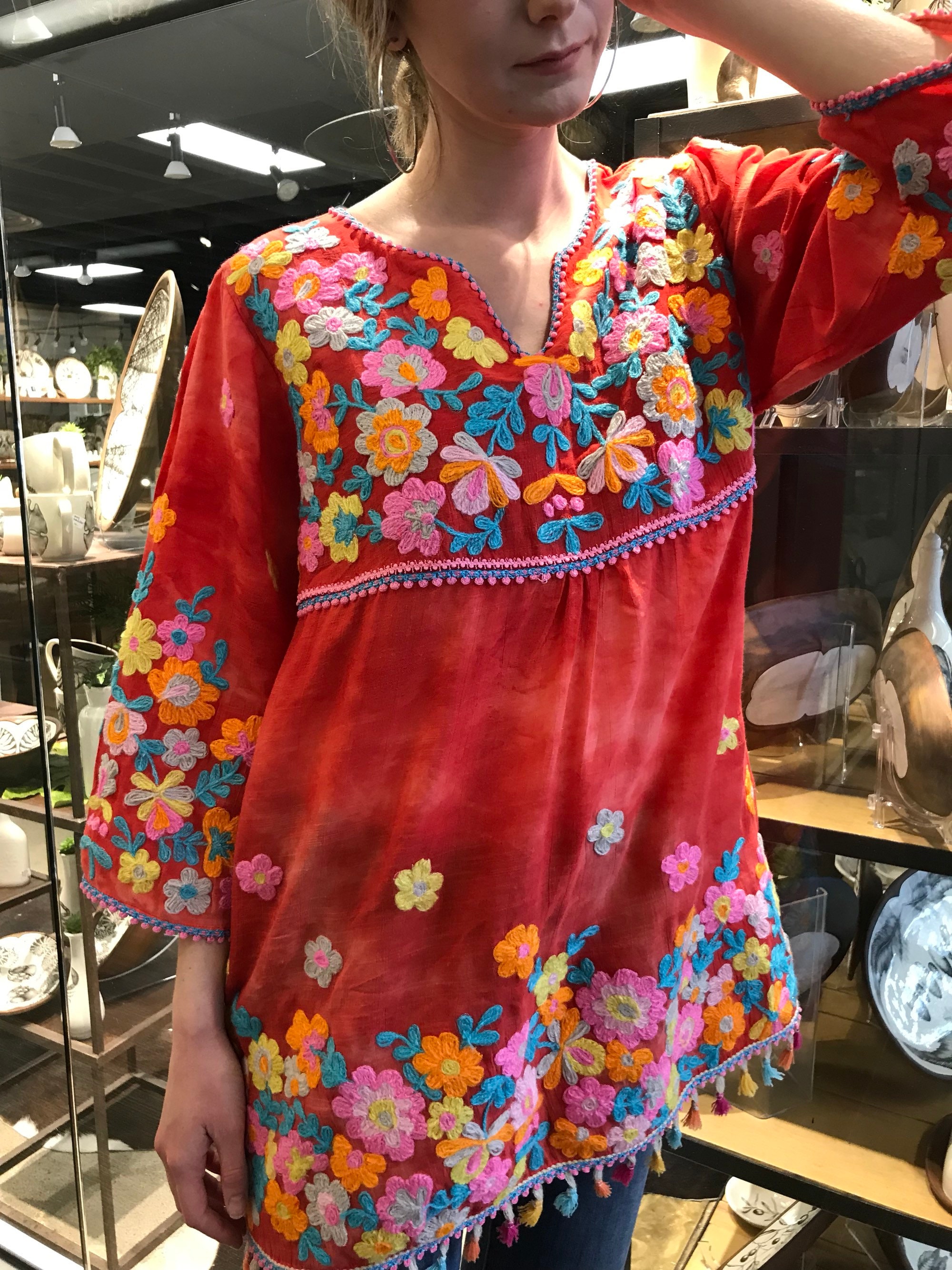 Mexican Embroidered Tunic, Hand Embroidered Blouse, Embroidered Dress ...
