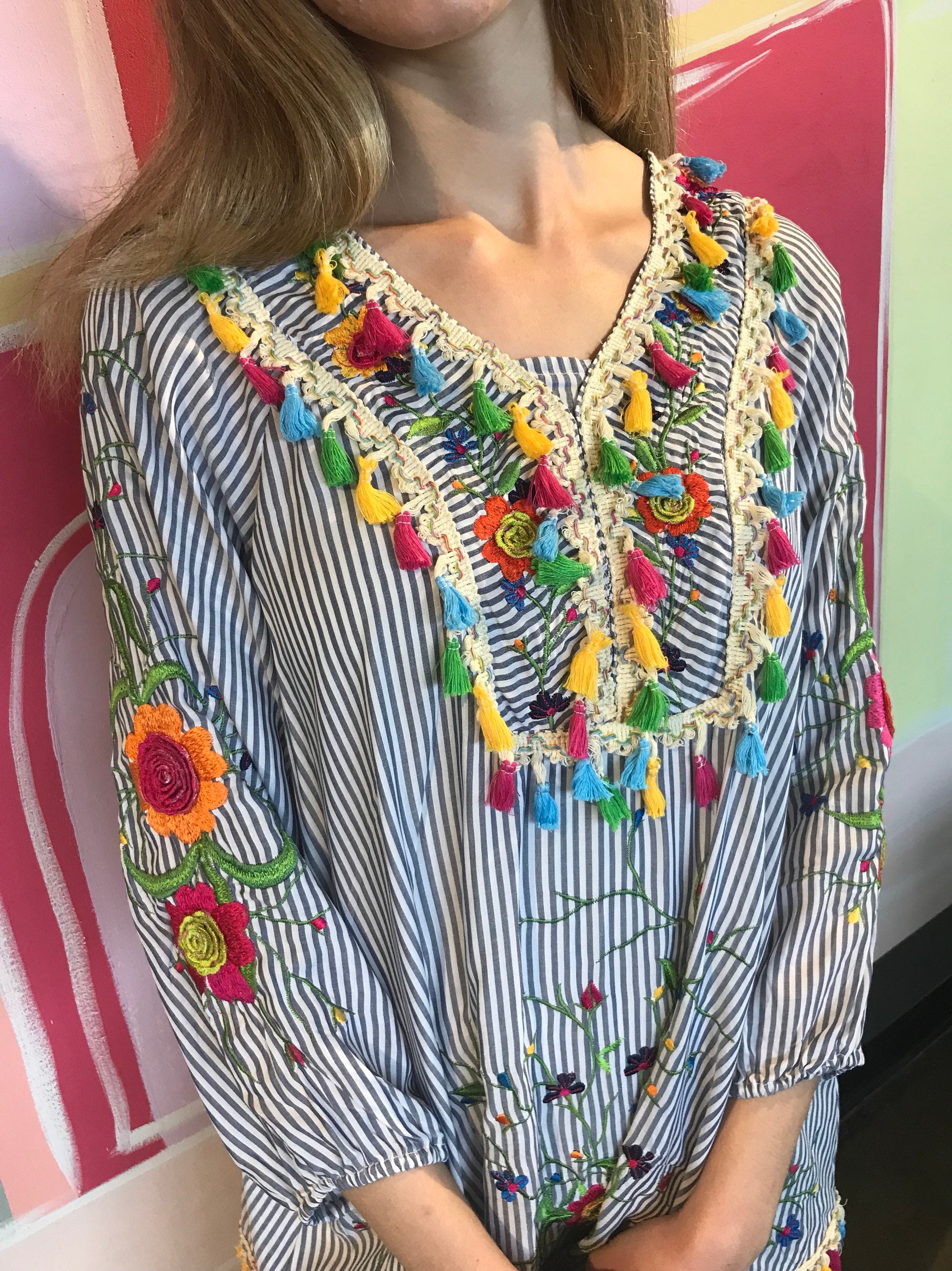 Mexican Style Embroidery, Plus Size, Fiesta Blouse, Pinstripe , Pom ...