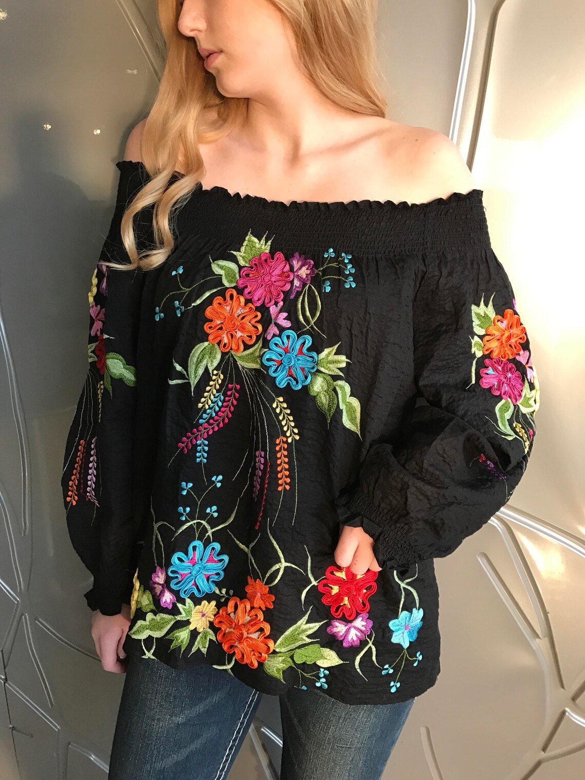 Mexican Embroidered Smock Top, Black Oaxacan Blouse, Plus Size - Etsy