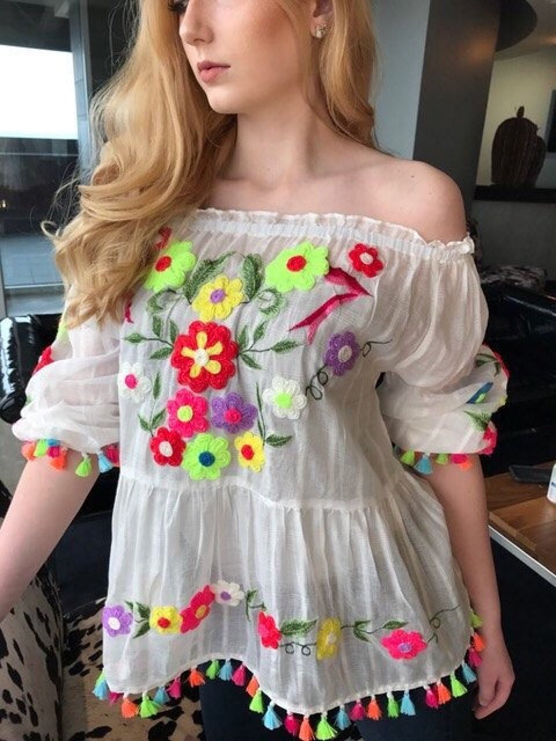 White off the Shoulder Mexican Style Embroidery Smock With | Etsy