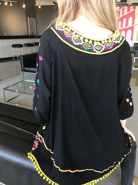Mexican Embroidered Tunic, Fiesta Blouse, Pom Poms, Plus Size - Etsy