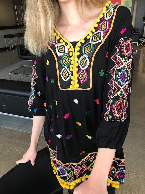 Mexican Embroidered Tunic, Fiesta Blouse, Pom Poms, Plus Size - Etsy