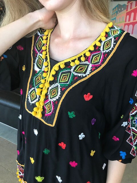 Mexican Embroidered Tunic, Fiesta Blouse, Pom Poms, Plus Size - Etsy