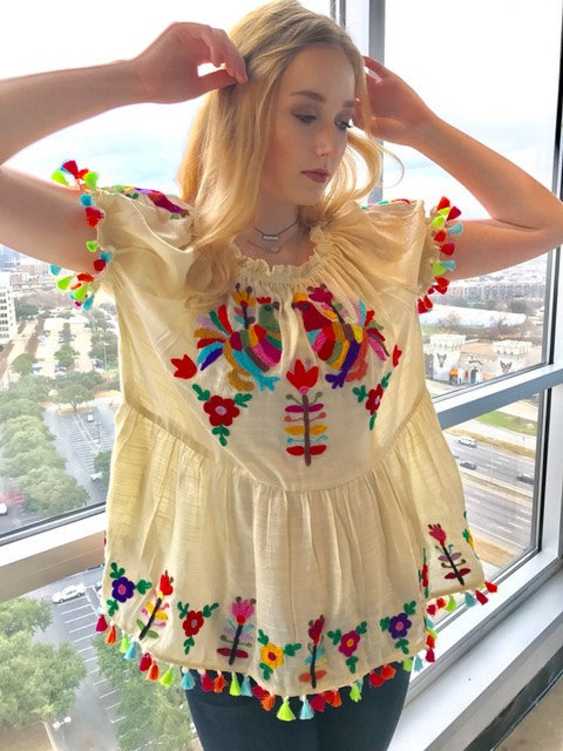 Mexican Embroidered Smock With Tassels, Plus Size, Short Sleeve, Folk ...