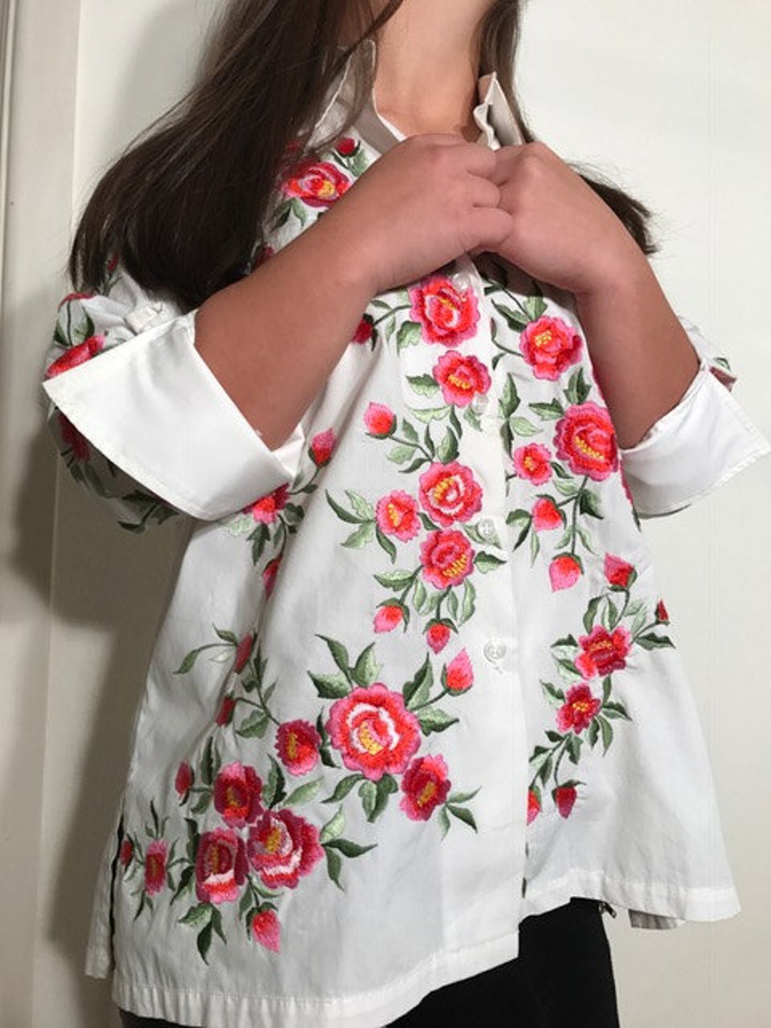 Embroidered Mexican Blouse, Red Rose Floral Tunic, Plus Size - Etsy