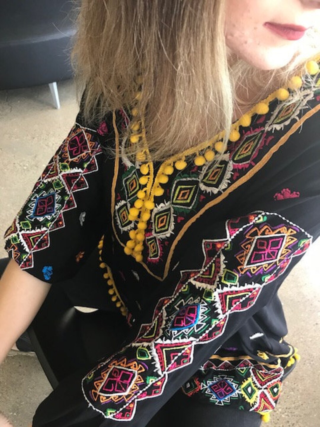 Mexican Embroidered Tunic, Fiesta Blouse, Pom Poms, Plus Size - Etsy