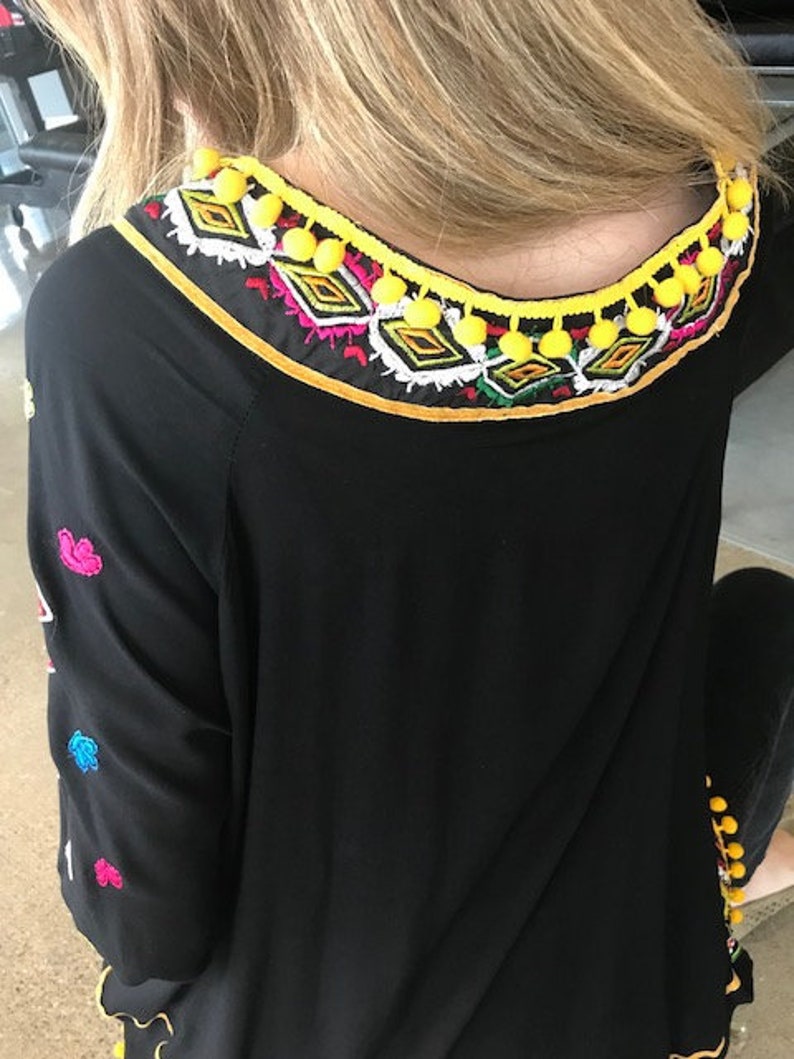 Mexican Embroidered Tunic, Fiesta Blouse, Pom Poms, Plus Size - Etsy