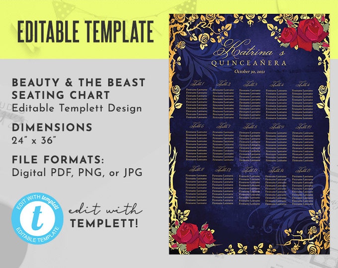Beauty and the Beast Gold Frame and Roses Fairy Tale Printable 24" X 36 ...