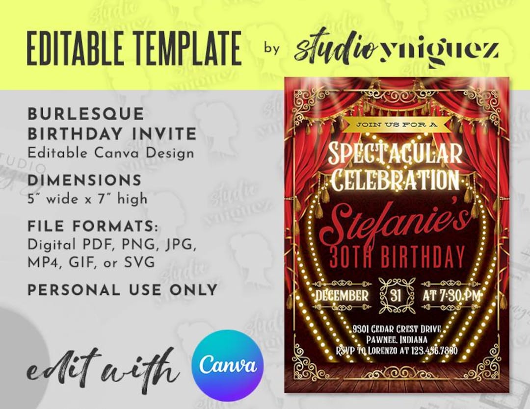 Burlesque Birthday Editable Invitation, Parisian Themed Birthday ...