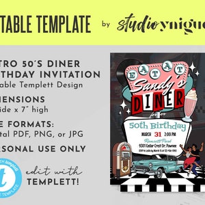 Retro 50s Diner Birthday Editable Invitation, Retro Diner Editable ...
