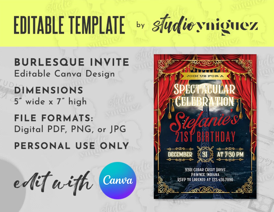 Burlesque Birthday Editable Invitation, Parisian Themed Birthday ...