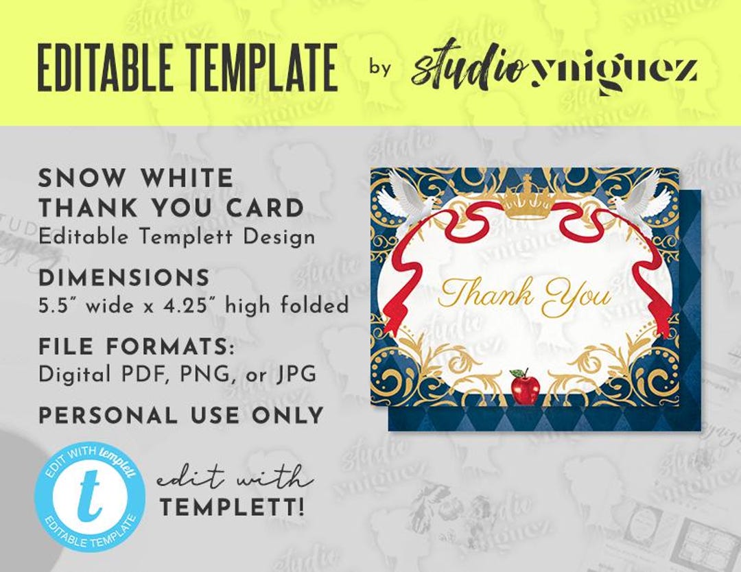 Snow White 5.5" X 4.25" Editable Thank You Card, Snow White Editable ...