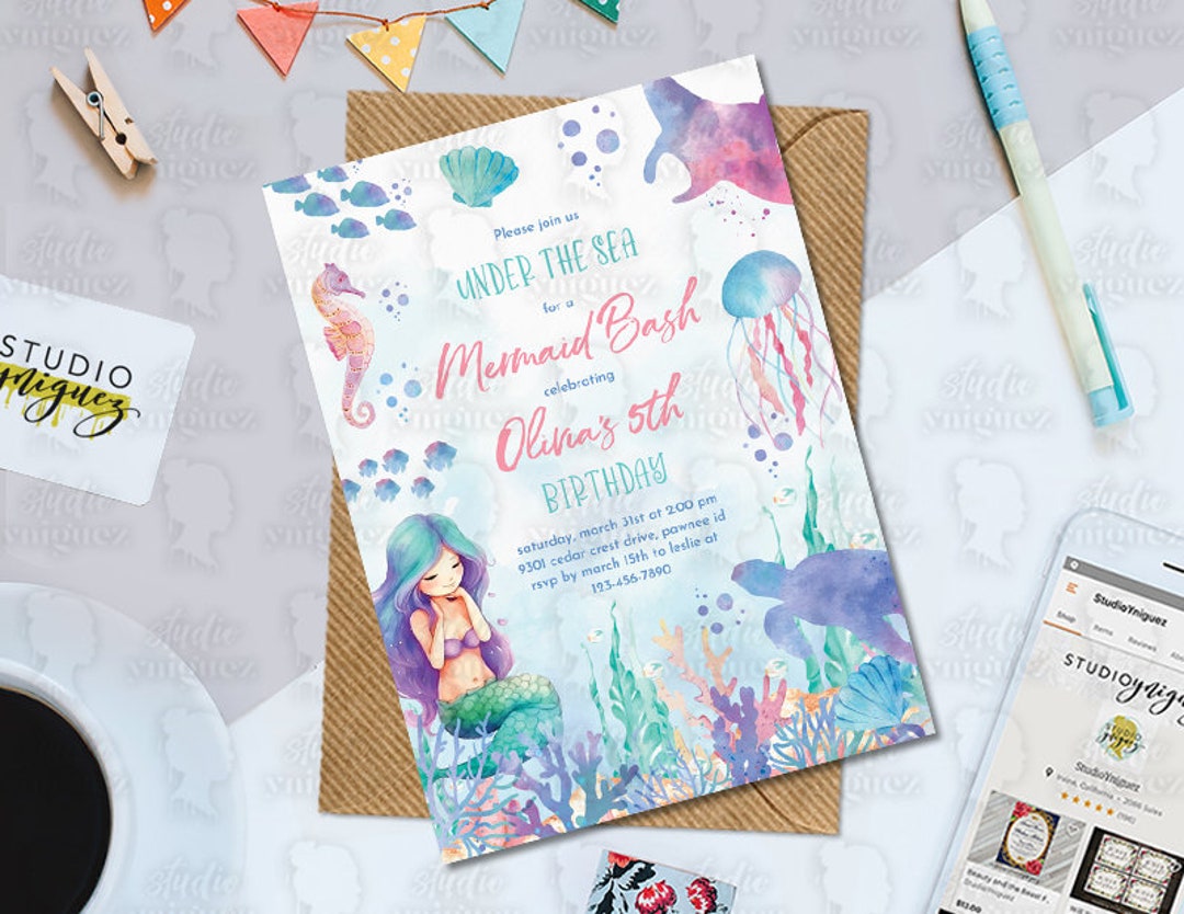 Splish Splash Mermaid Birthday Printable 5 X 7 Invitation, Mermaid ...