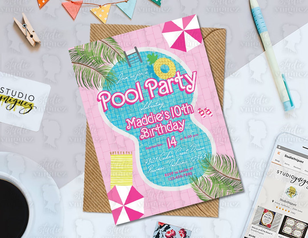 Pink Pool Party Birthday Printable 5" X 7" Invitation, Pink Pool Party ...