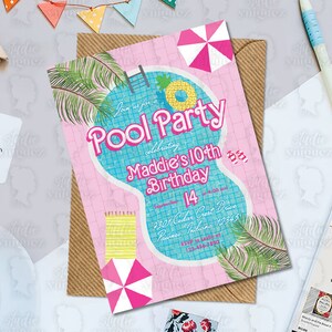 Pink Pool Party Birthday Printable 5" X 7" Invitation, Pink Pool Party ...