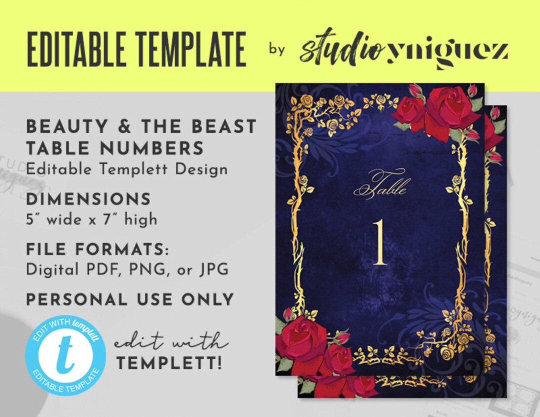 Beauty and the Beast Gold Frame and Roses Fairy Tale Printable 5" X 7 ...