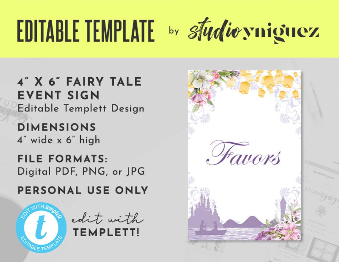 Rapunzel Printable 4" X 6" Editable Event Sign, Editable Party Signage ...