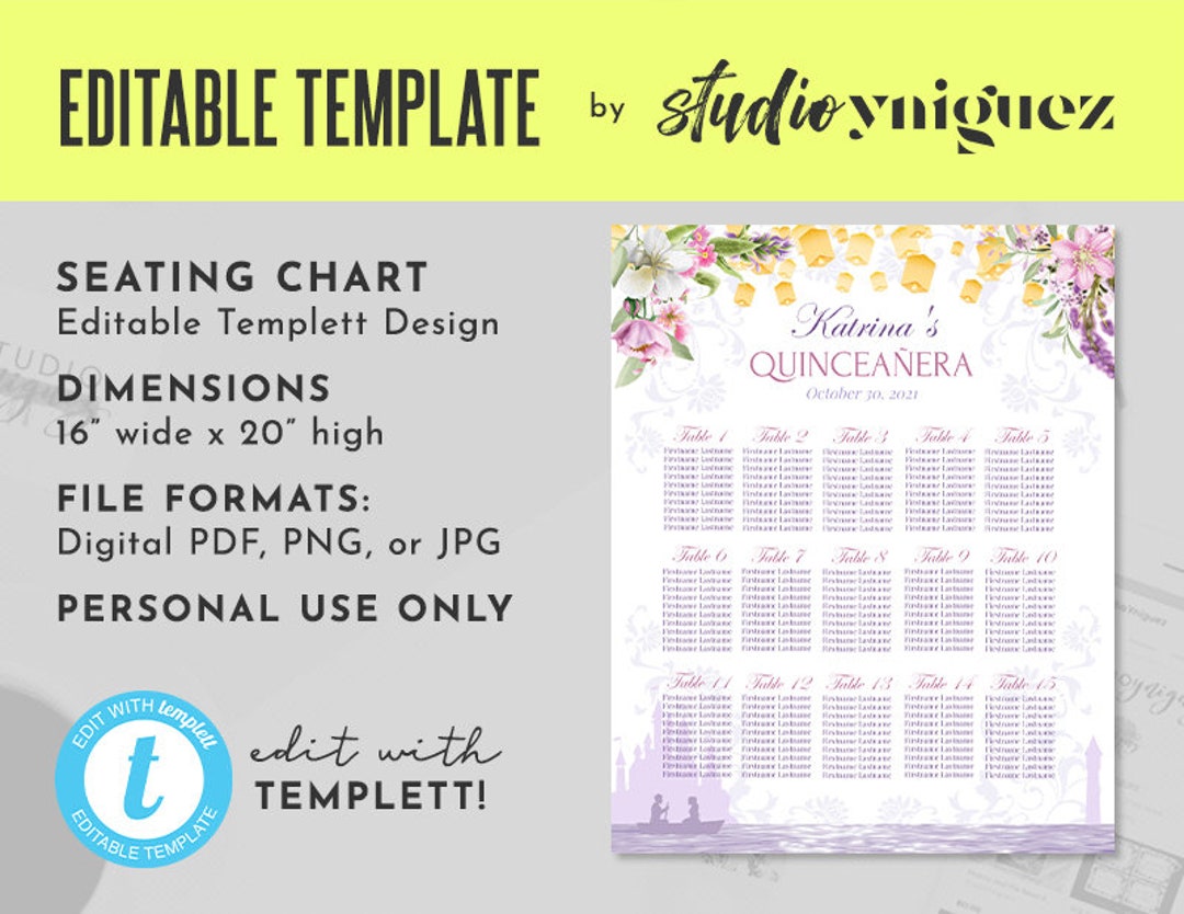 Purple Floral Princess Fairy Tale Printable 16" X 20" Editable Seating ...