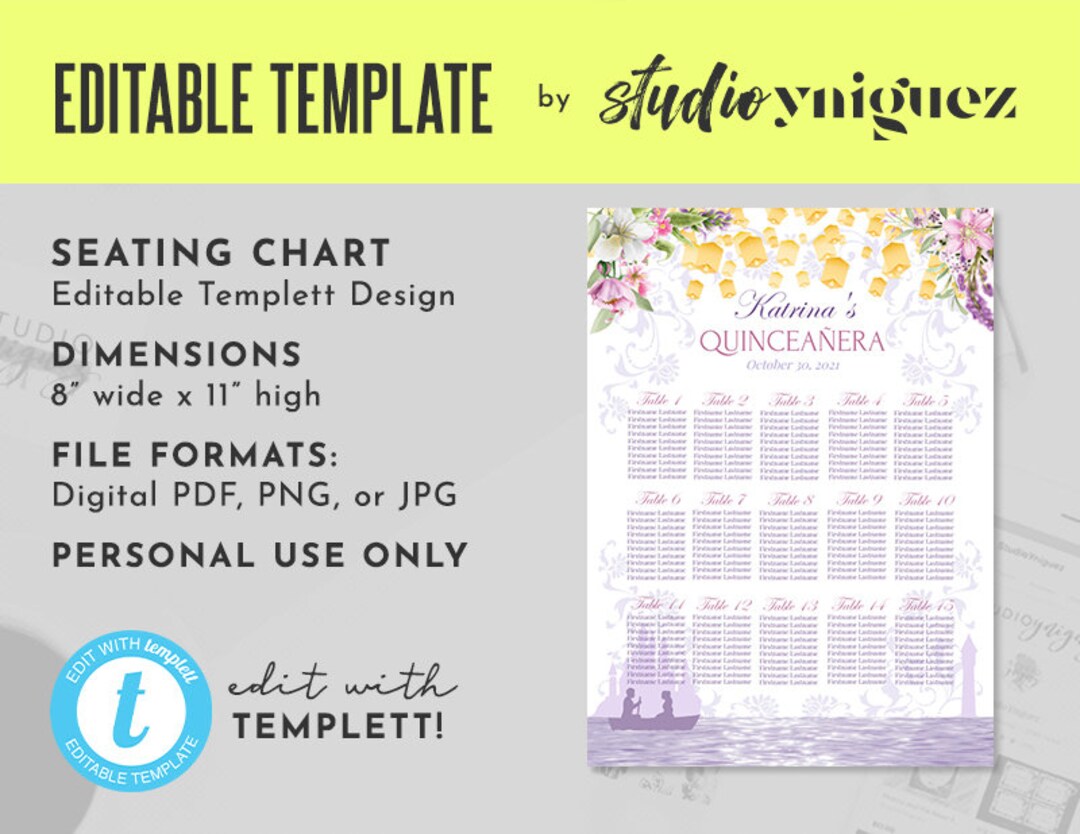 Purple Floral Princess Fairy Tale Printable 8" X 11" Editable Seating ...