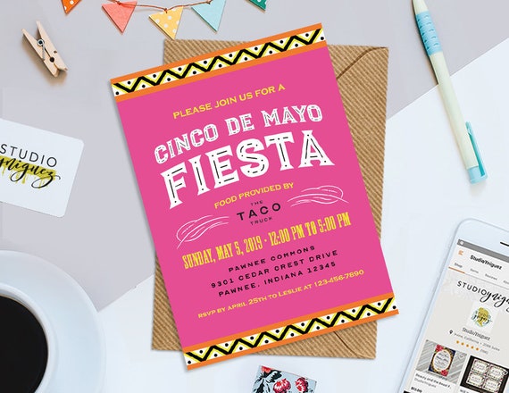 Modern Fiesta Party Printable Invitation Cinco De Mayo | Etsy