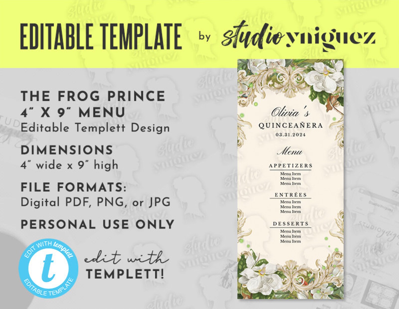 The Frog Prince Editable Menu, Frog Prince Menu, Frog Prince Magnolia ...