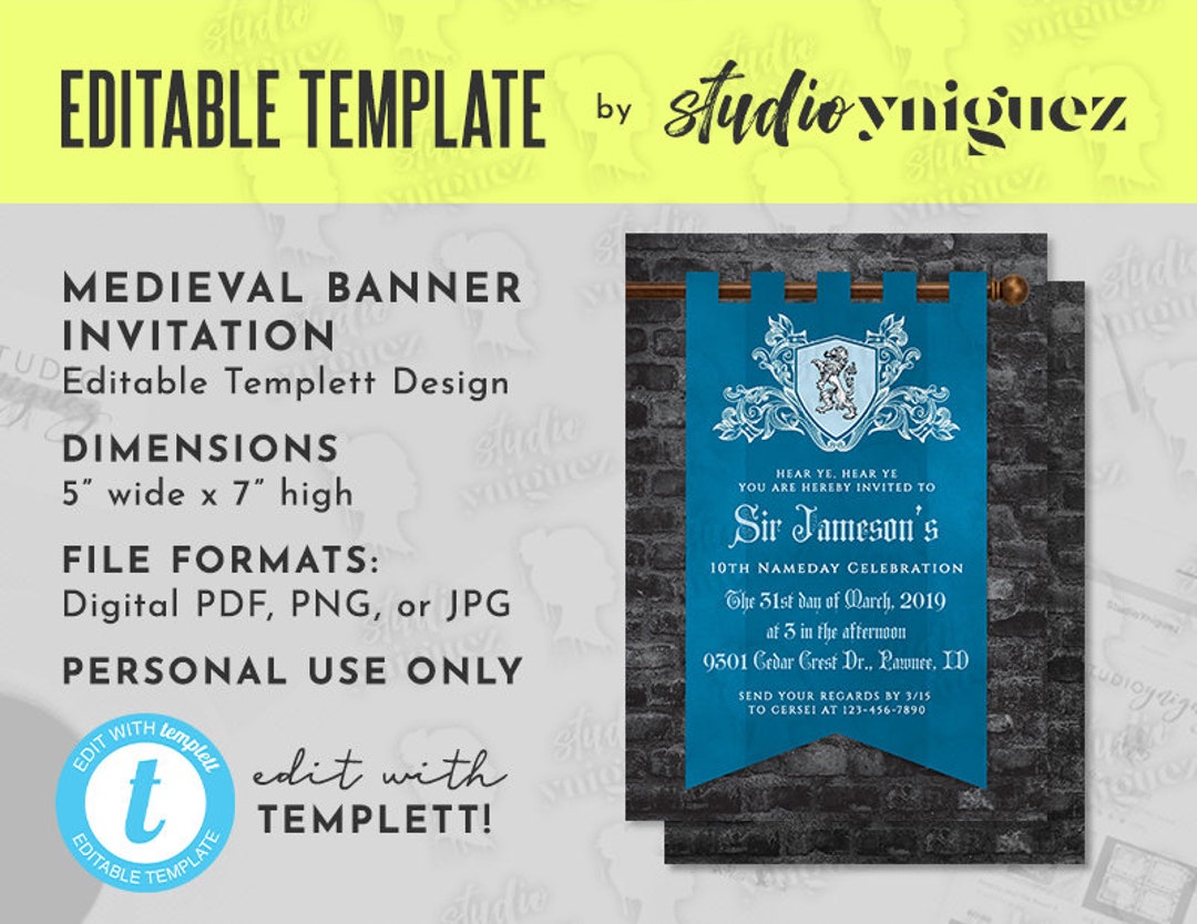 Medieval Knight Banner Editable 5" X 7" Editable Template Invitation ...