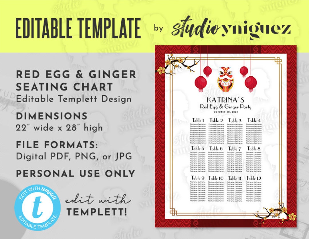 Red Egg Editable 22" X 28" Seating Chart, Red Egg and Ginger Templett ...