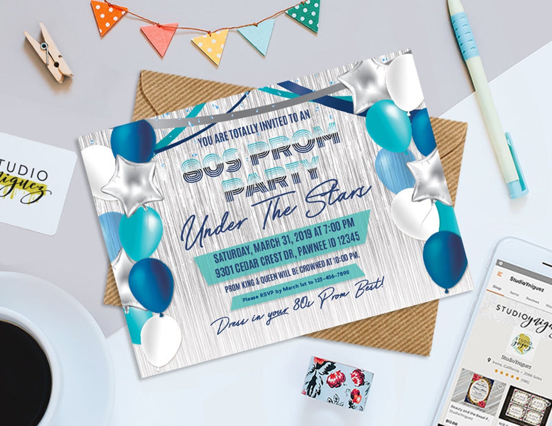 80s Theme Prom Party Printable Invitation, Printable 7 X 5 Prom Party ...