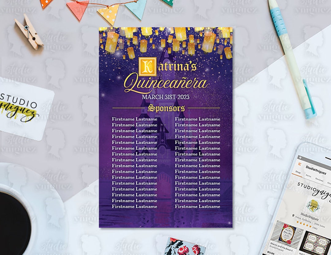 Purple Gold Princess Birthday 4x6 Printable Sponsor Card, Princess ...