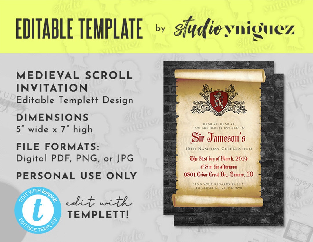 Medieval Knight Scroll Editable 5" X 7" Editable Template Invitation ...