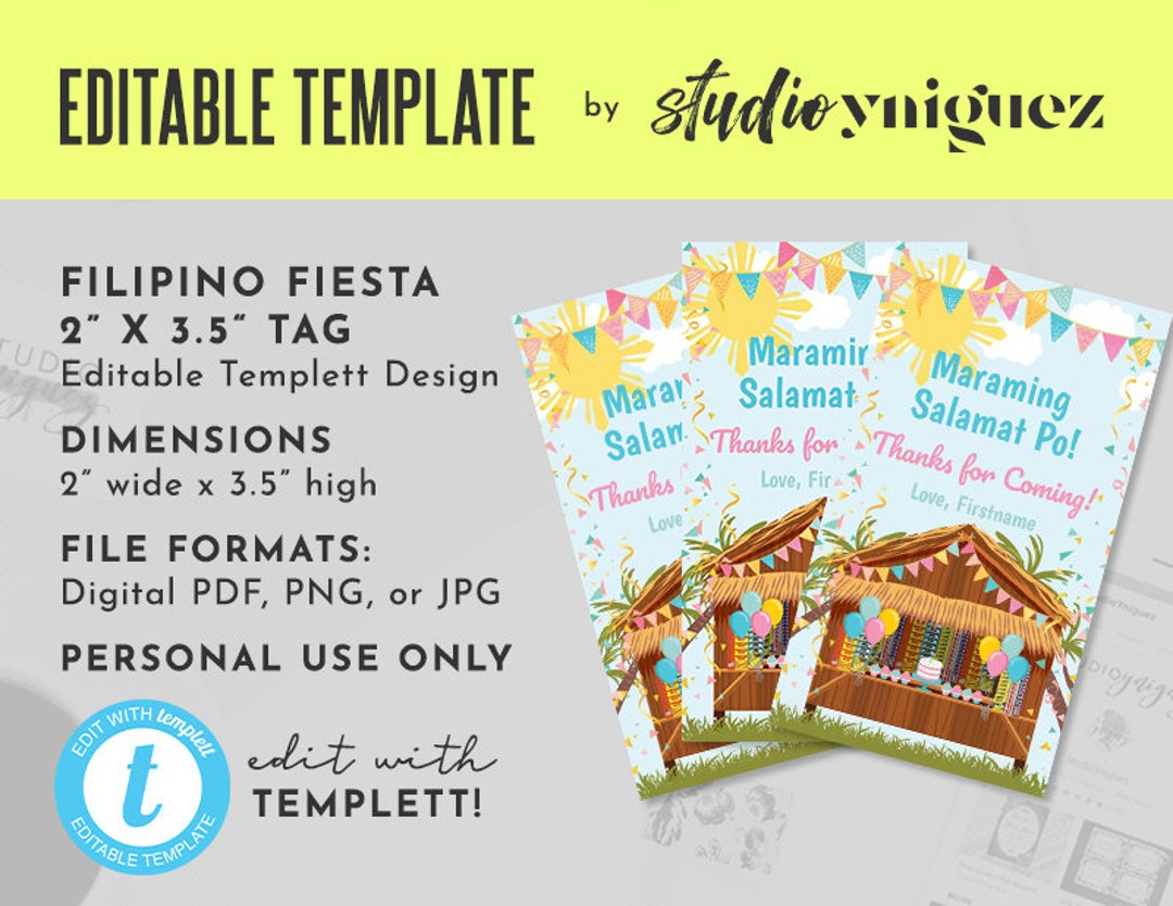 Filipino Fiesta Printable 2" X 3.5" Editable Favor Tag, Templett Favor ...