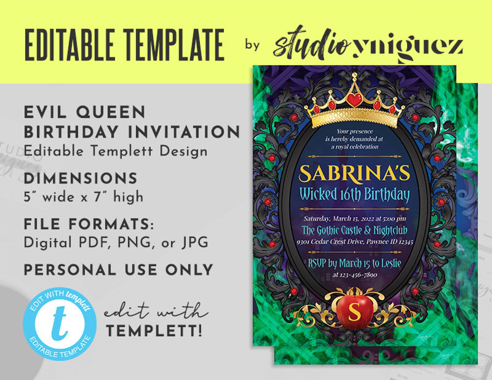 Evil Queen Birthday Editable Invitation, Evil Queen Editable Templett 5 ...