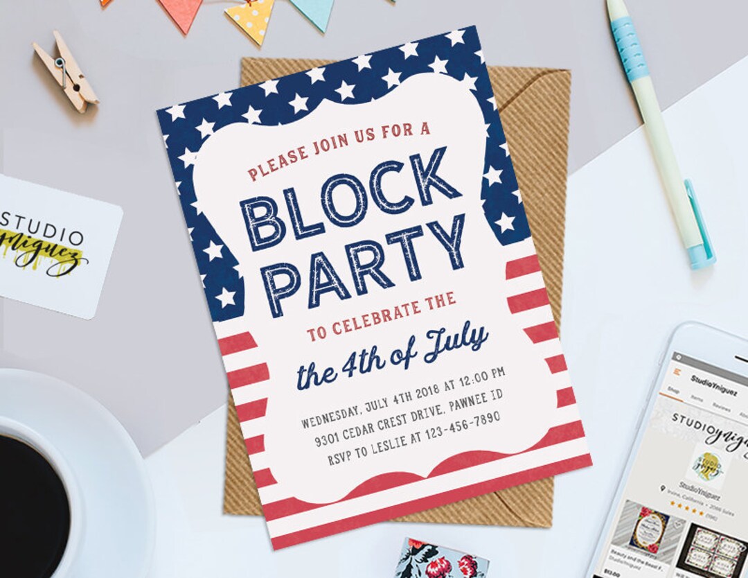 Block Party Printable Invitation, Printable 5 X 7 Fourth of July Party ...