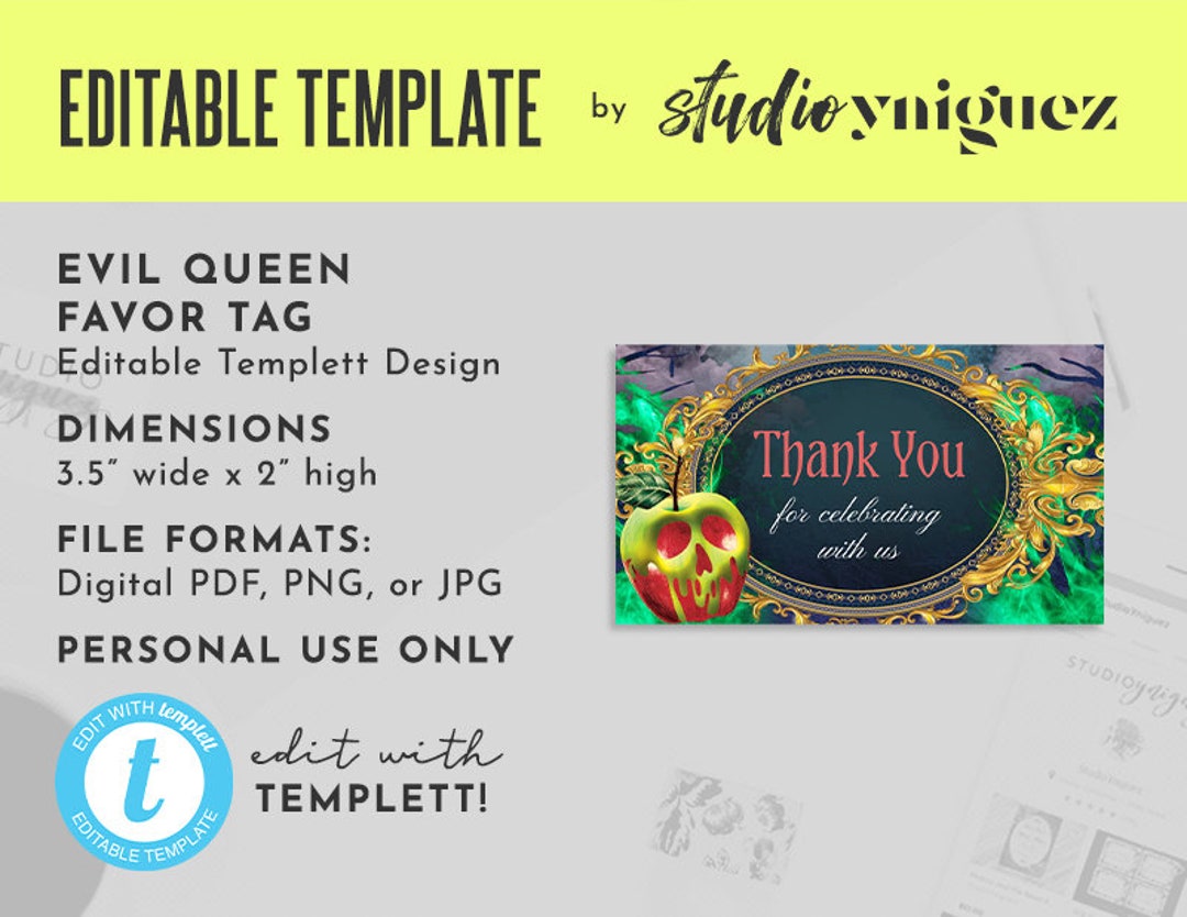 Evil Queen Printable 3.5" X 2" Editable Favor Tag, Poison Apple ...