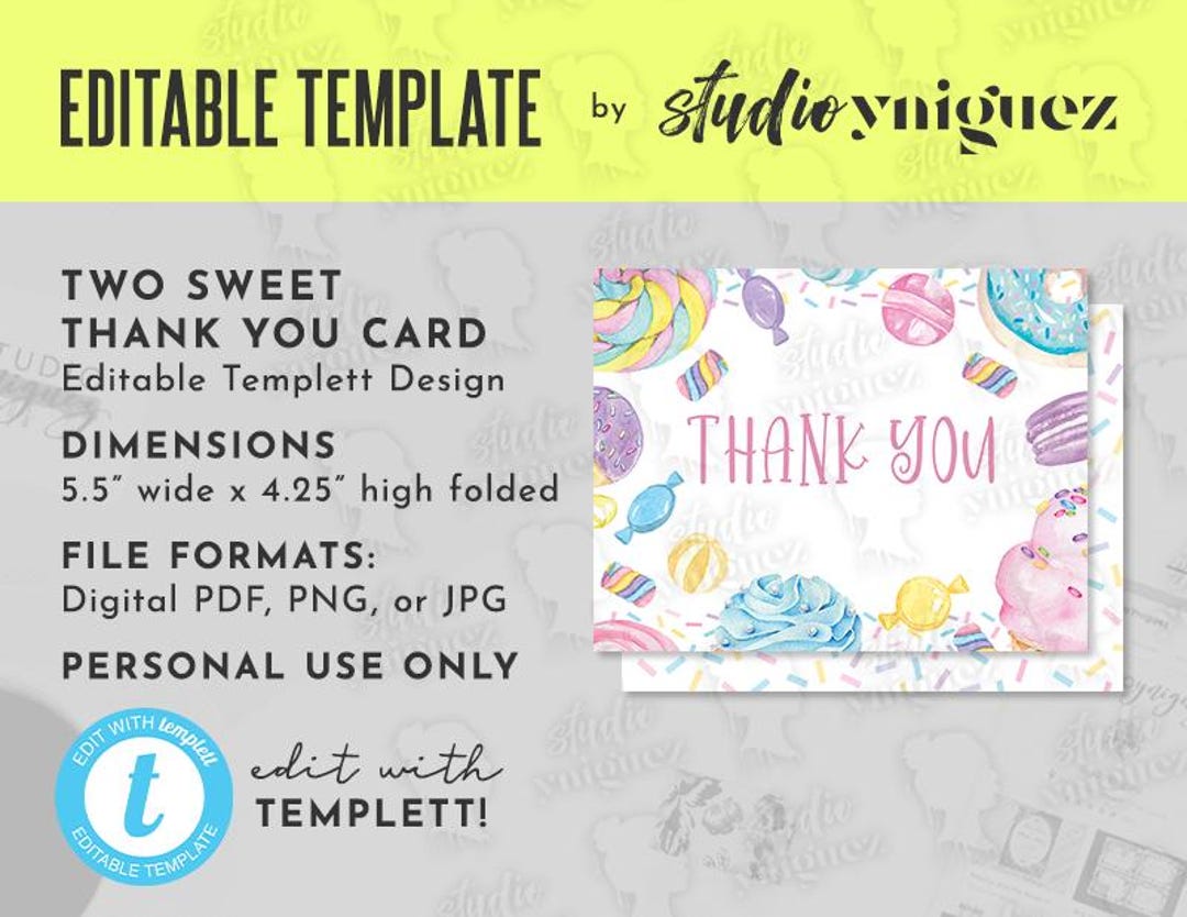 Two Sweet Birthday Editable Thank You Card, Two Sweet Editable Templett ...