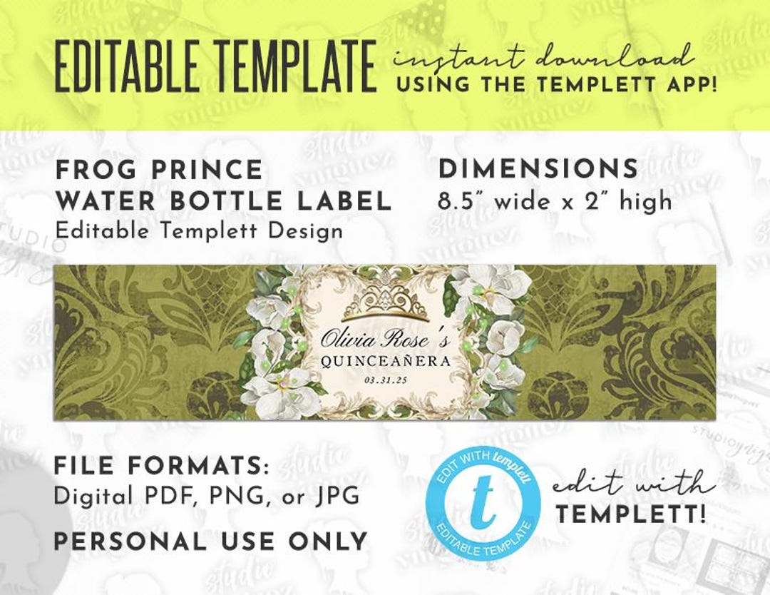 The Frog Prince 8.5" X 2" Editable Water Bottle Labels, Editable Water ...