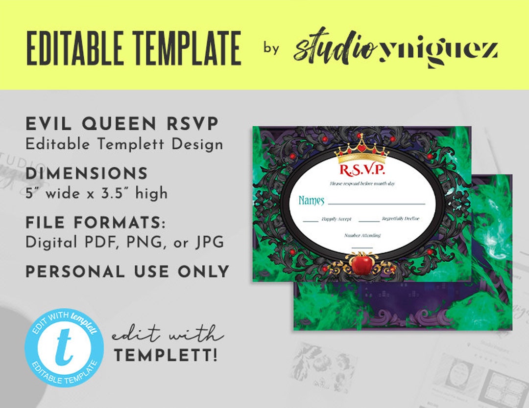 Evil Queen Birthday Editable RSVP, Villains Editable Templett 5" X 3.5 ...