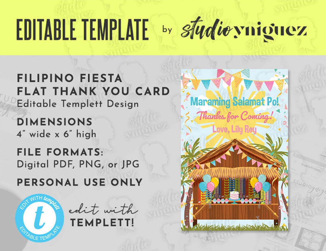 Filipino Fiesta Printable 4" X 6" Editable Flat Thank You Card ...